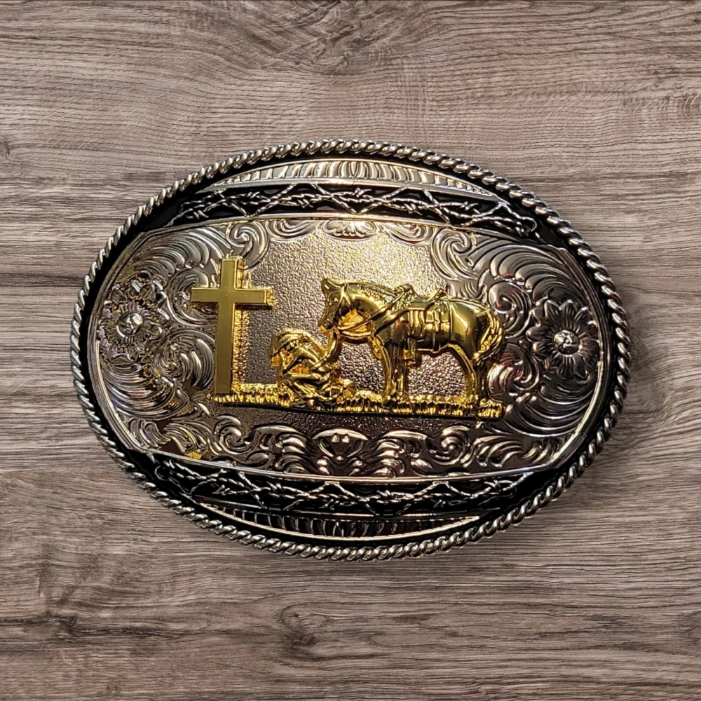 Christian Cowboy Belt Buckle - 4 3/8" x 3 1/8" Silver Tone/Black/Gold ...